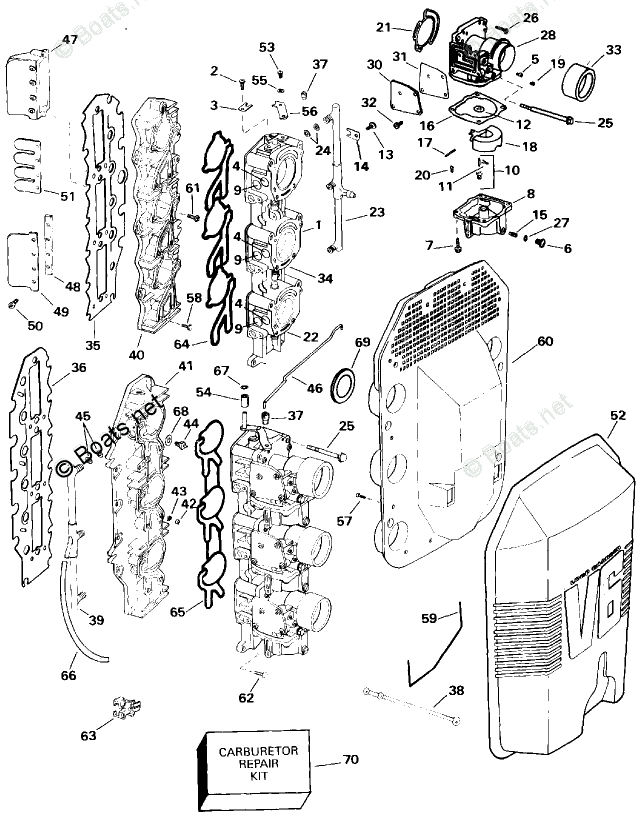 OMC Quiet Rider 150HP OEM Parts Diagram for Carburetor And Intake ...