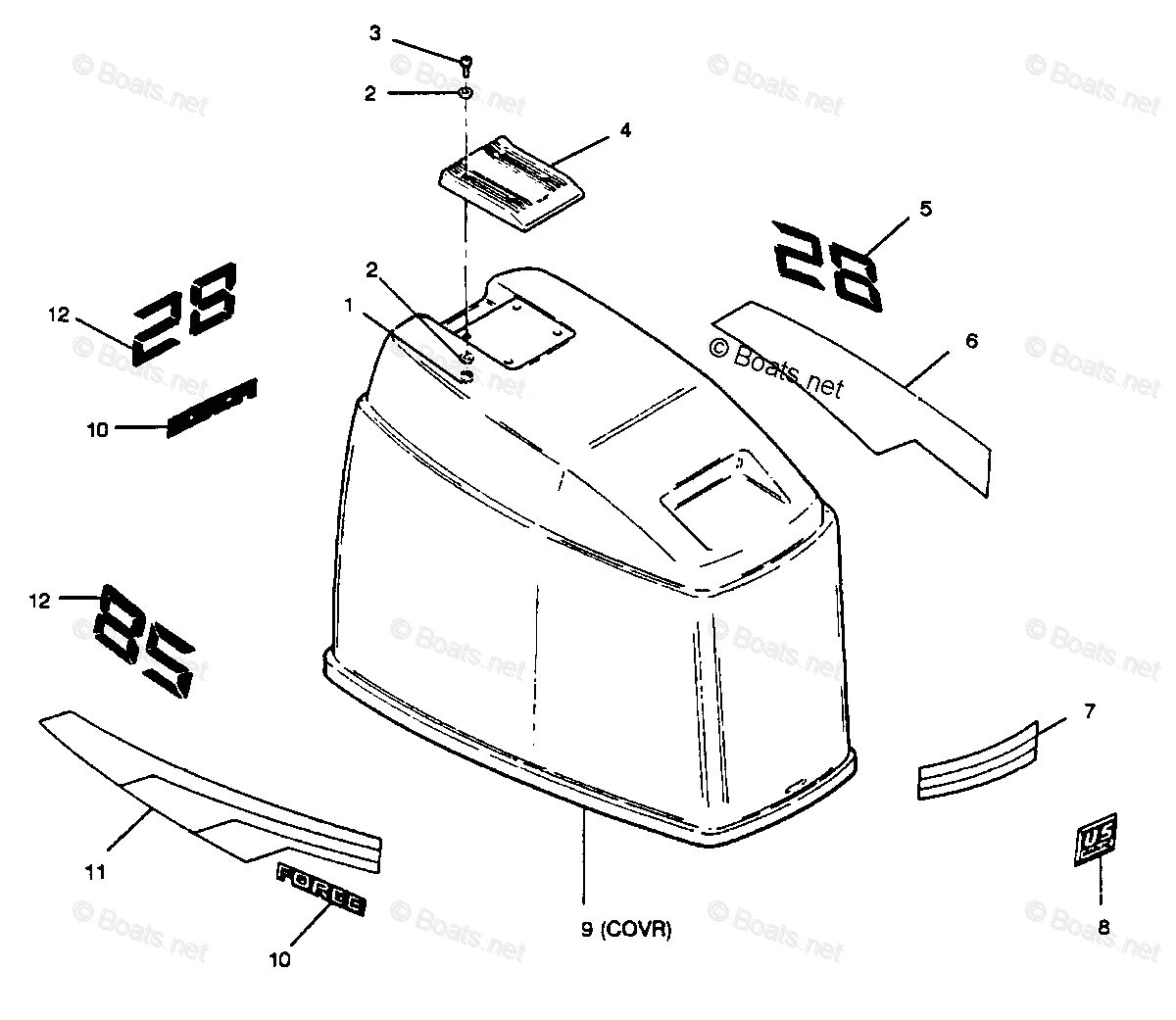 Force Outboard 1989 OEM Parts Diagram for ENGINE COVER CAJUN MODELS ...