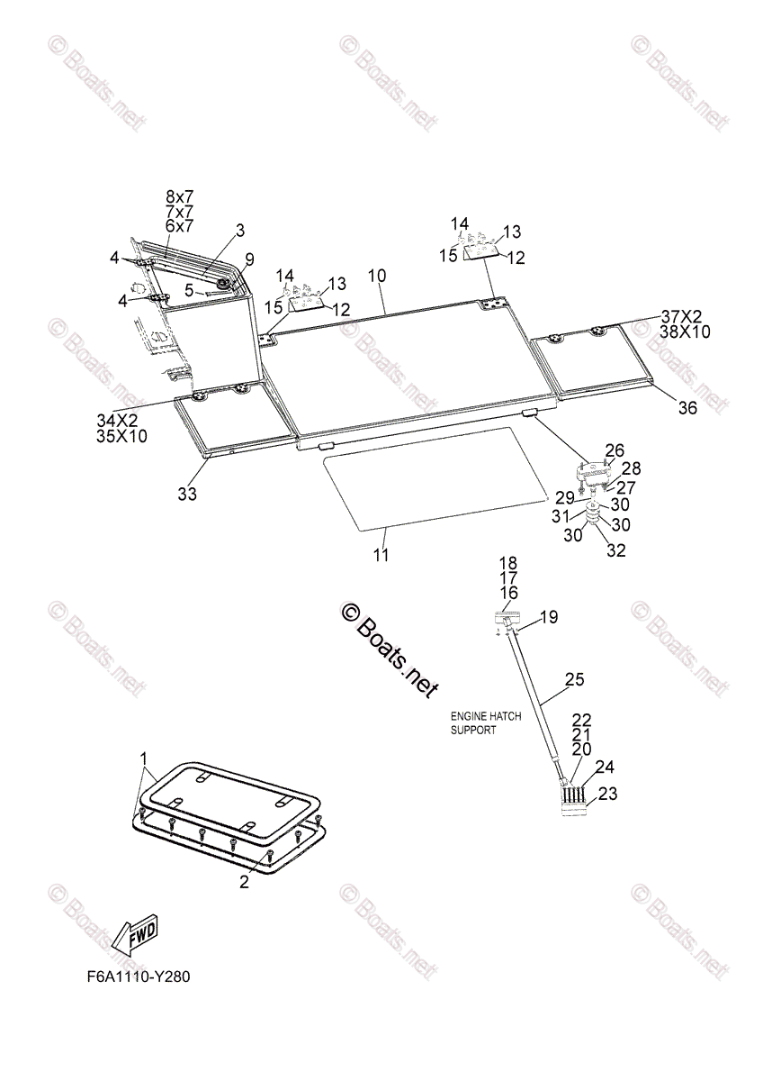 Yamaha Boats 2024 OEM Parts Diagram for Deck Hatch 2 | Boats.net