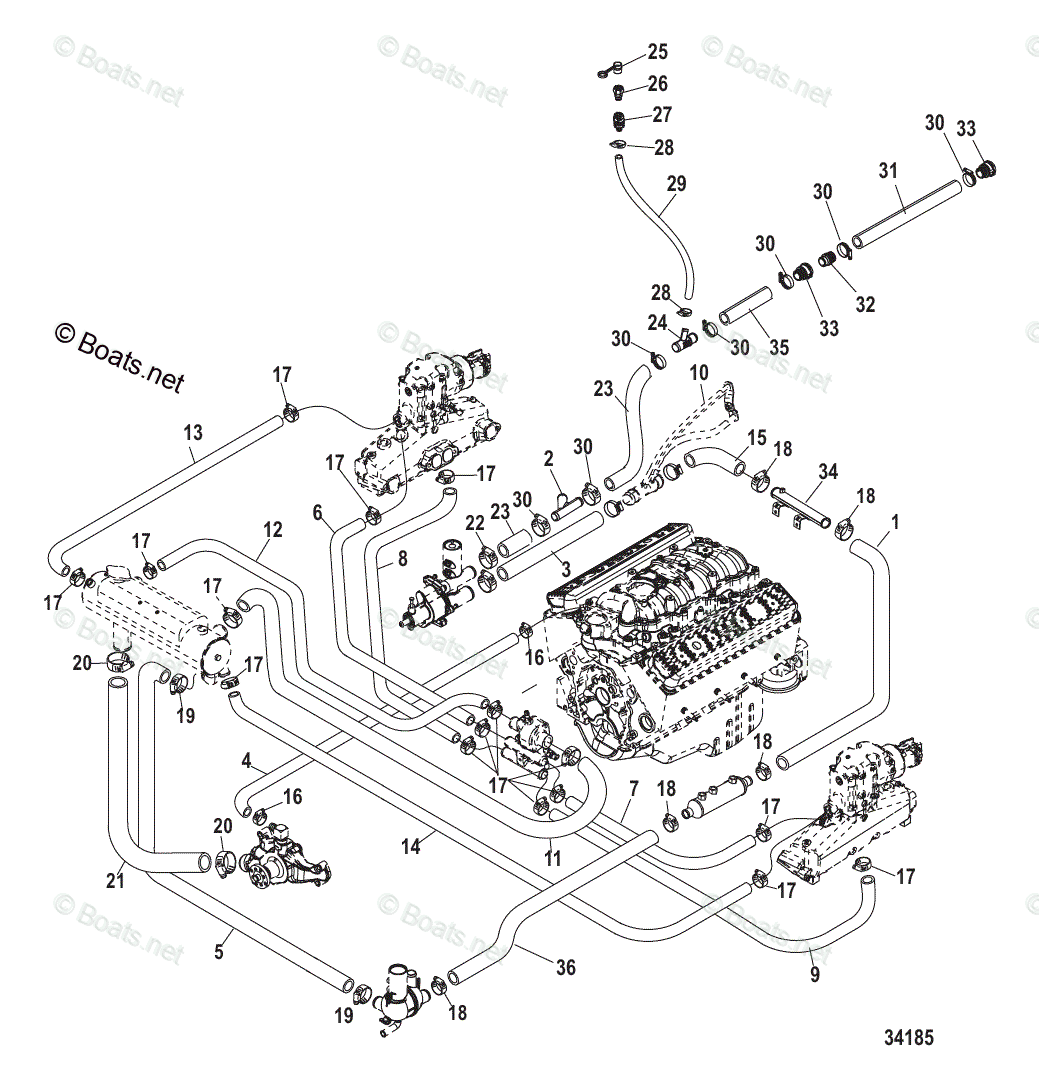 Mercruiser Sterndrive Gas Engines OEM Parts Diagram for Closed Cooling ...